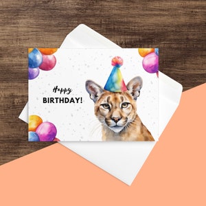 Mountain Lion Birthday Card, Happy Birthday Party Hat and Balloons ...