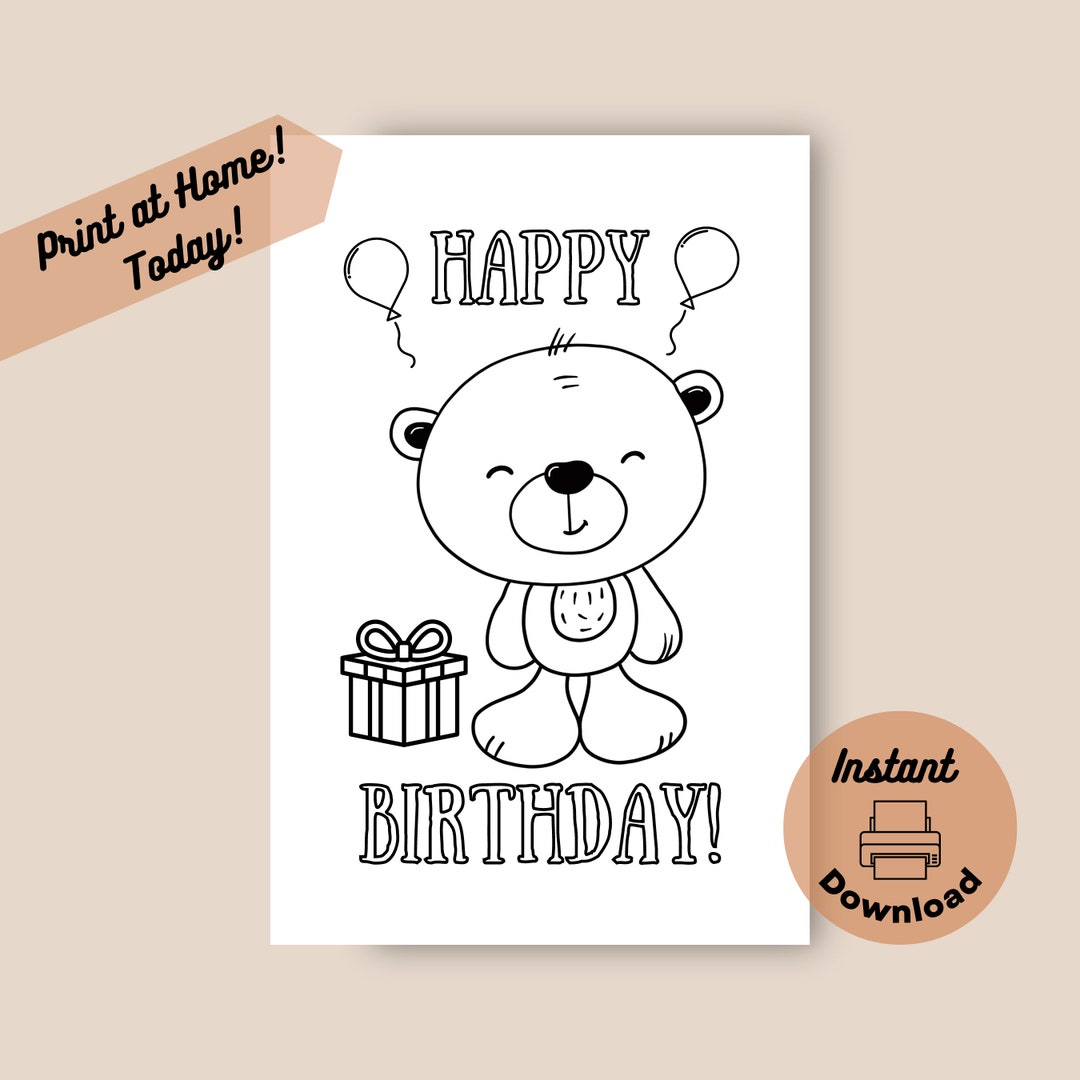 Printable Coloring Birthday Card, Instant Digital Download Print at ...