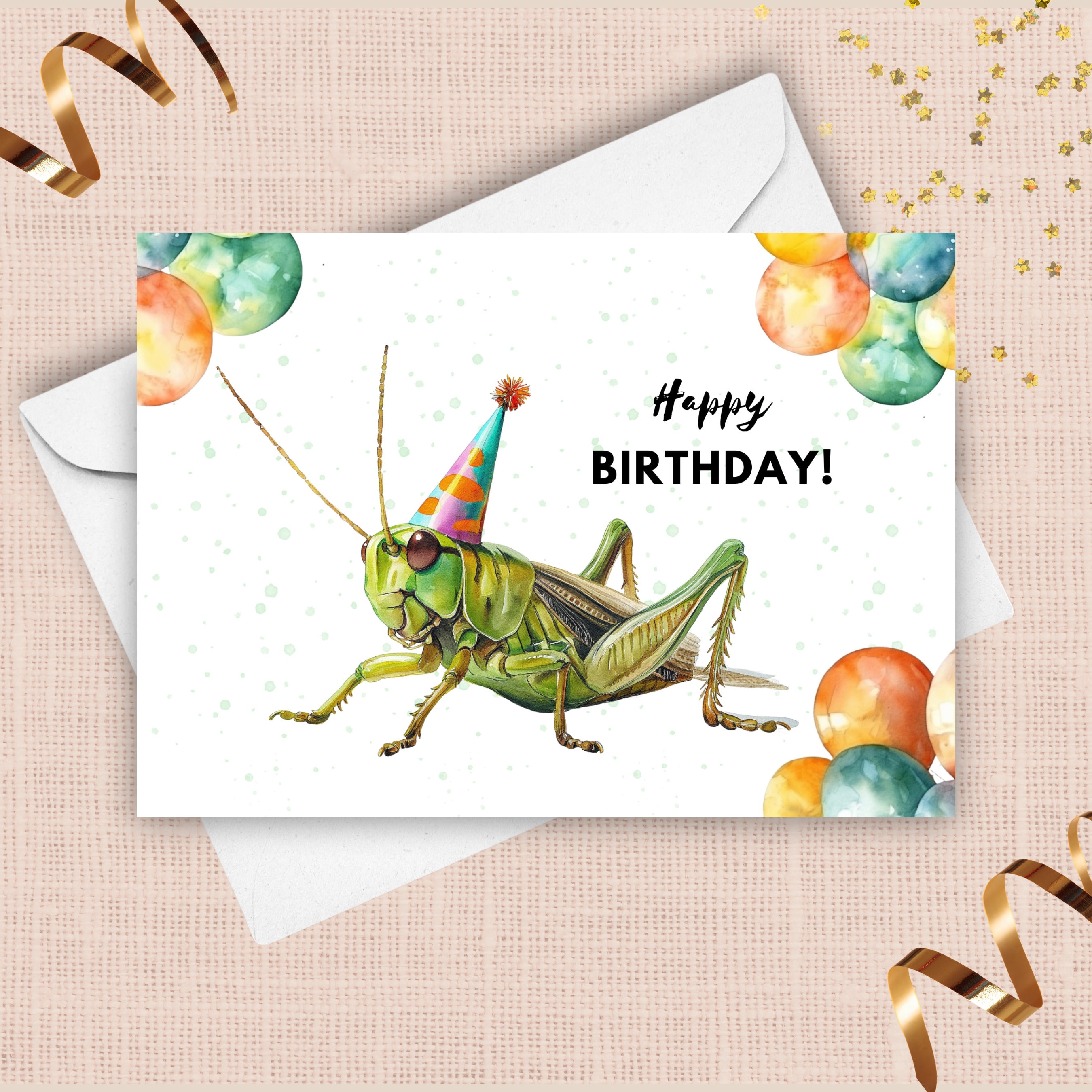 Grasshopper Birthday Card, Happy Party Hat Greeting, Green Insect Gift ...