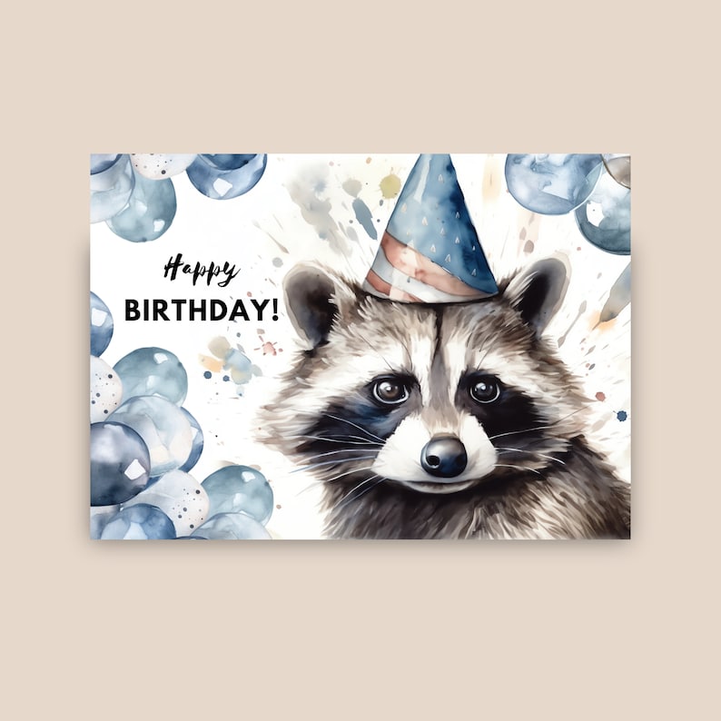 Raccoon Birthday Card With Party Hat Happy Birthday Raccoon - Etsy