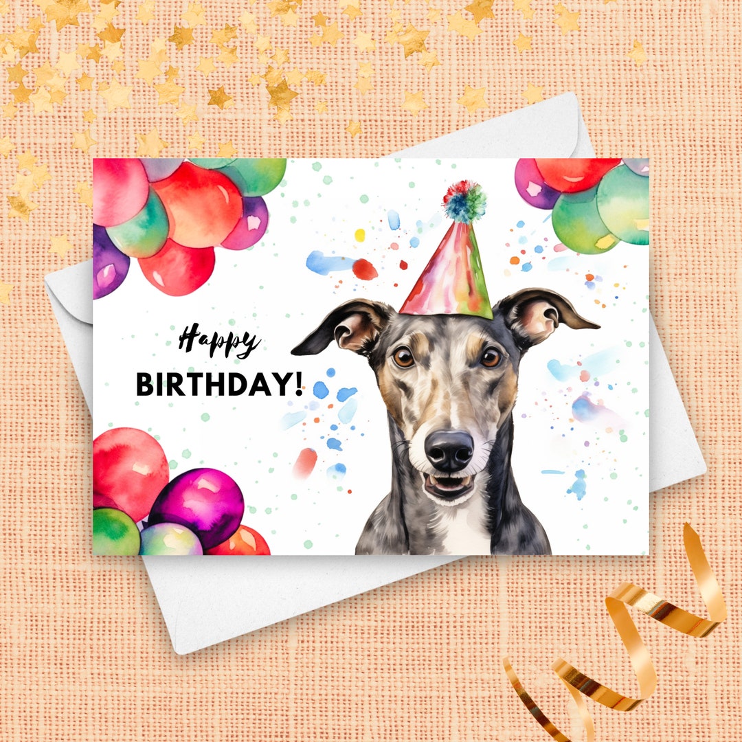 Greyhound Birthday Card, Happy Birthday Party Hat and Balloons ...