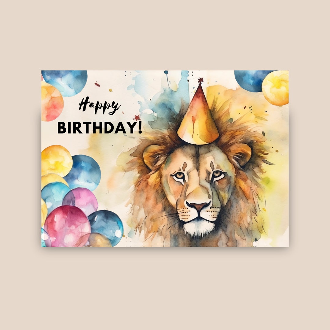 Lion Birthday Card With Party Hat, Happy Birthday, Big Cat Gift, Zoo ...