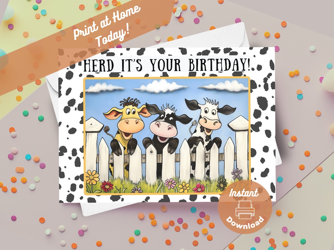 Printable Funny Cow Birthday Card, Instant Download, Print at Home ...