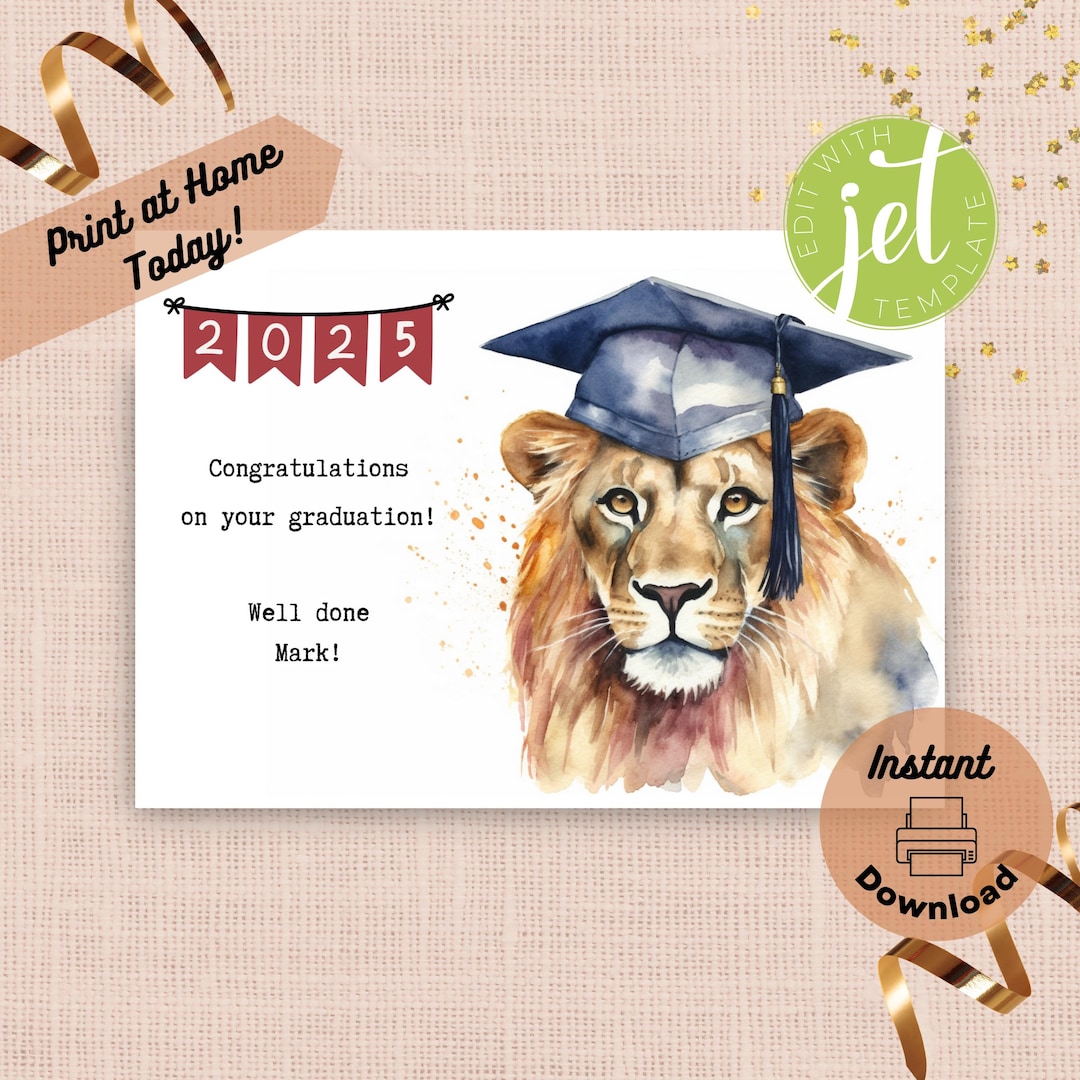 Printable Personalized Lion Graduation Card, Print at Home Editable ...