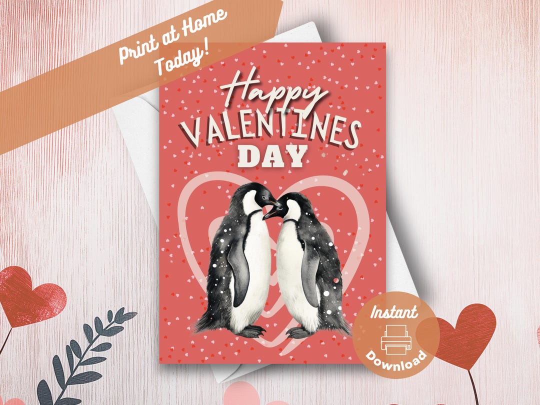 Printable Penguin Valentine Card, Instant Download, Print at Home Card ...