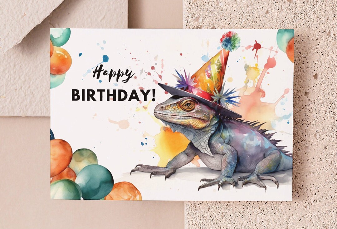 Iguana Birthday Card With Party Hat Happy Birthday Colorful - Etsy