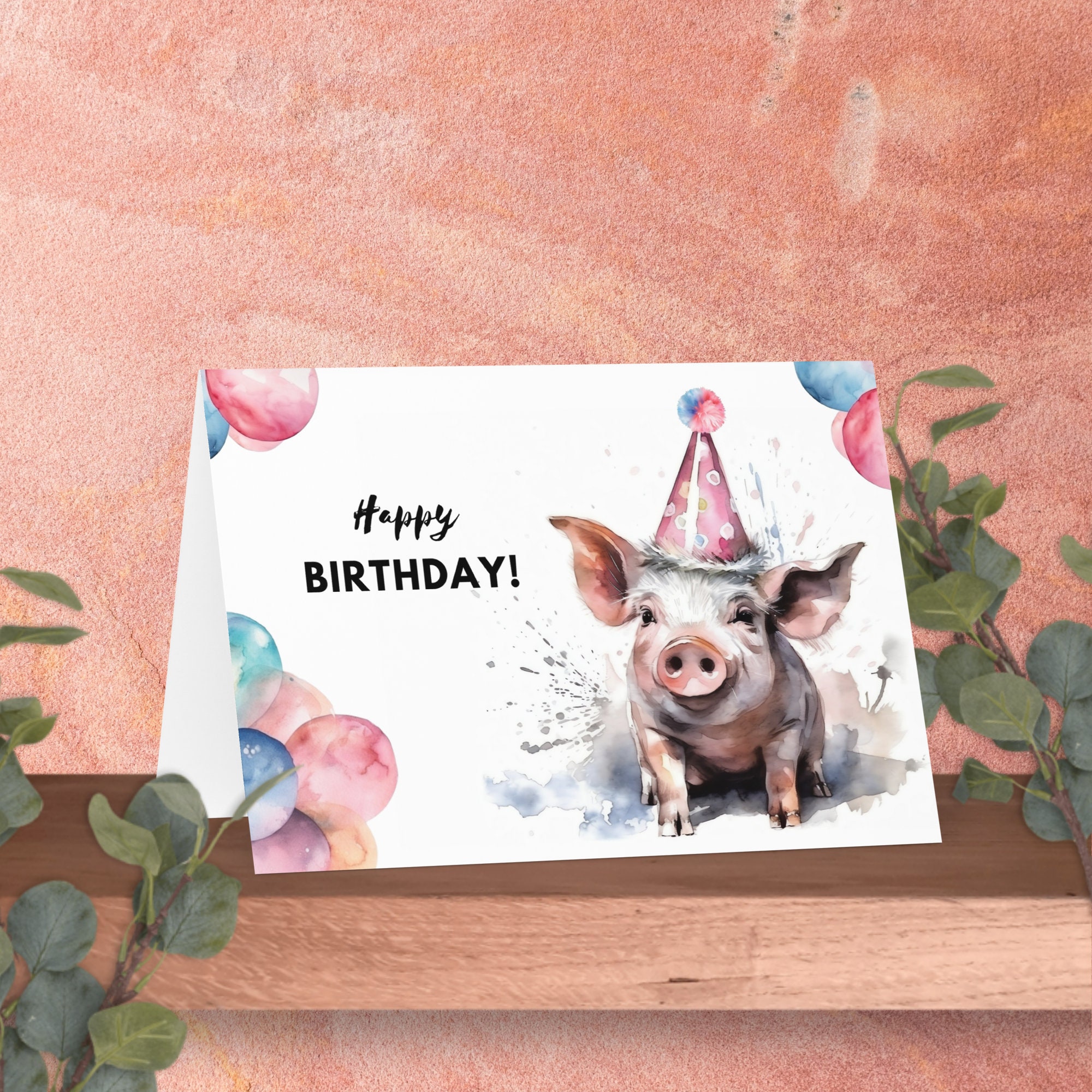 Cute Pig Birthday Card With Party Hat, Happy Birthday, Pig Gift, Cute ...