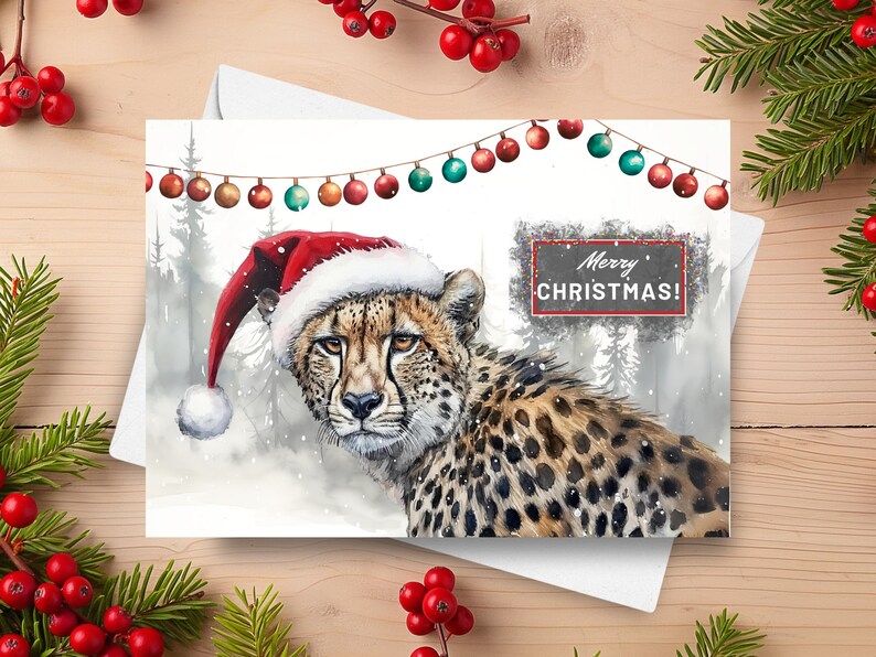 Cheetah Christmas Card, Merry Christmas Cat Wearing A Santa Hat in A ...