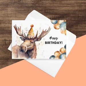 Moose Birthday Card With Party Hat, Happy Birthday, Moose Gift ...