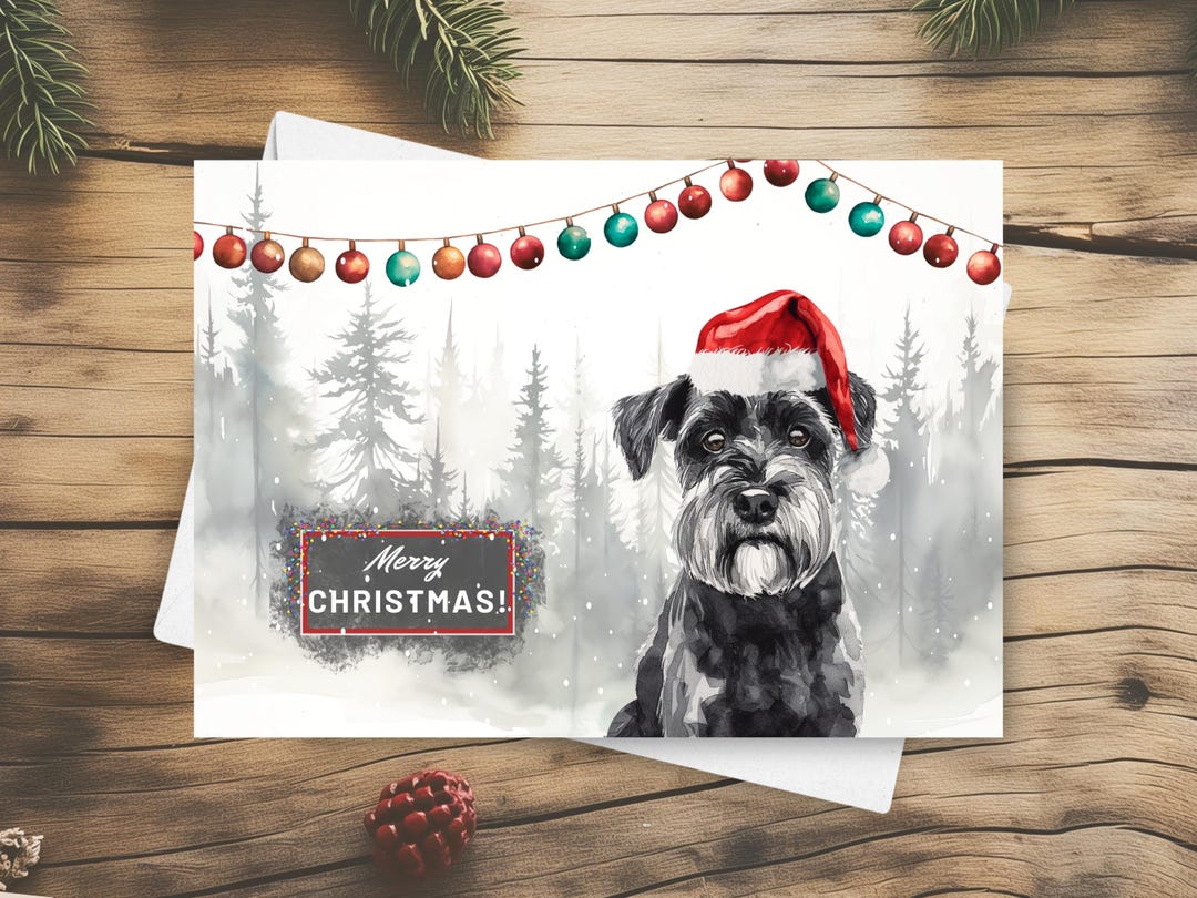 Miniature Schnauzer Christmas Card, Merry Christmas Wearing Santa Hat ...