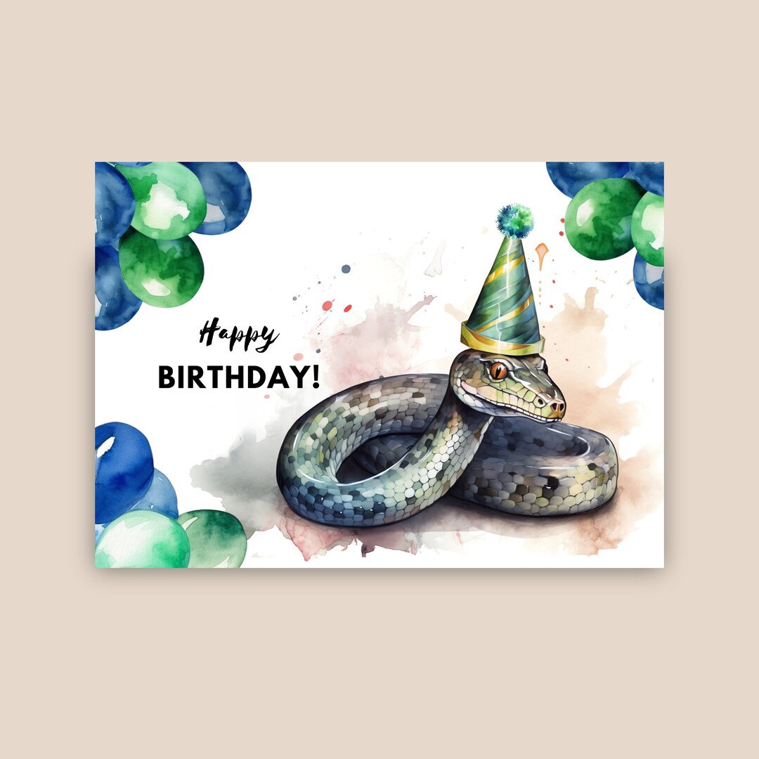 Snake Birthday Card Birthday Party Hat and Balloons Colorful - Etsy