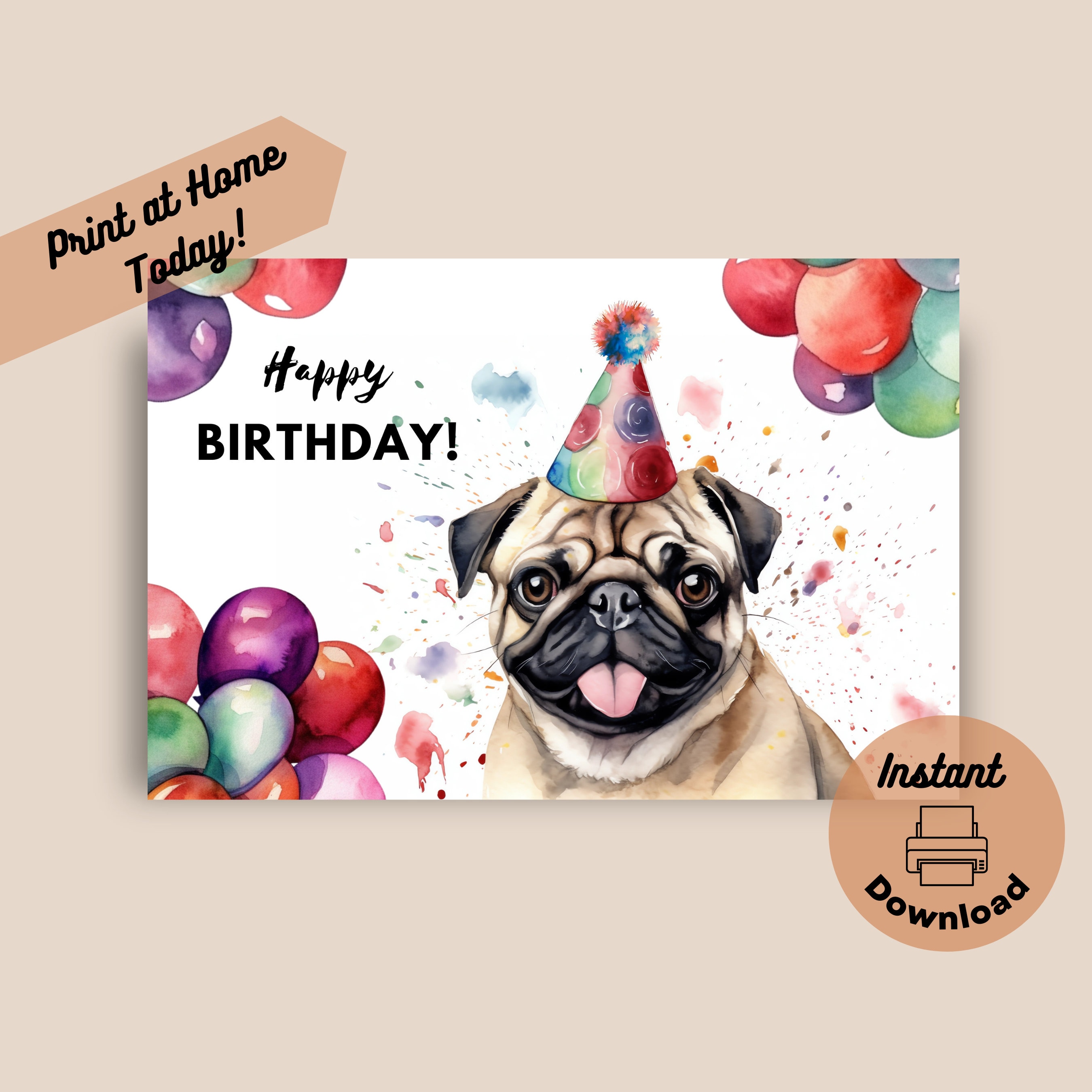 Printable Pug Birthday Card Instant Digital Download Print at - Etsy