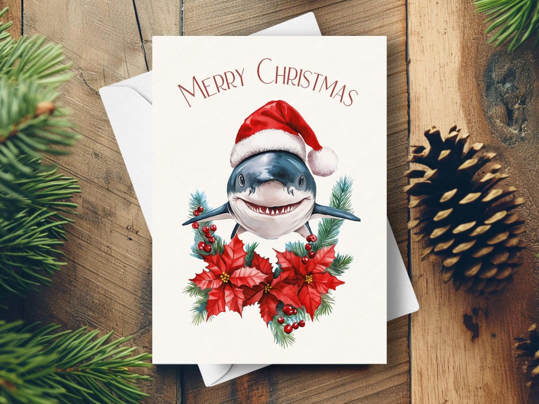 Shark Christmas Card, Wearing A Santa Hat and Red Poinsettia Garland ...