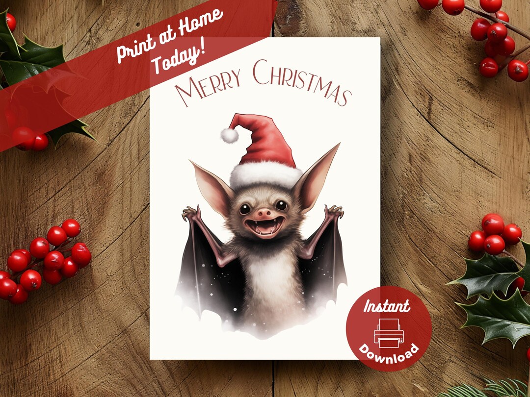 Printable Bat Christmas Card, Instant Digital Download Print at Home ...