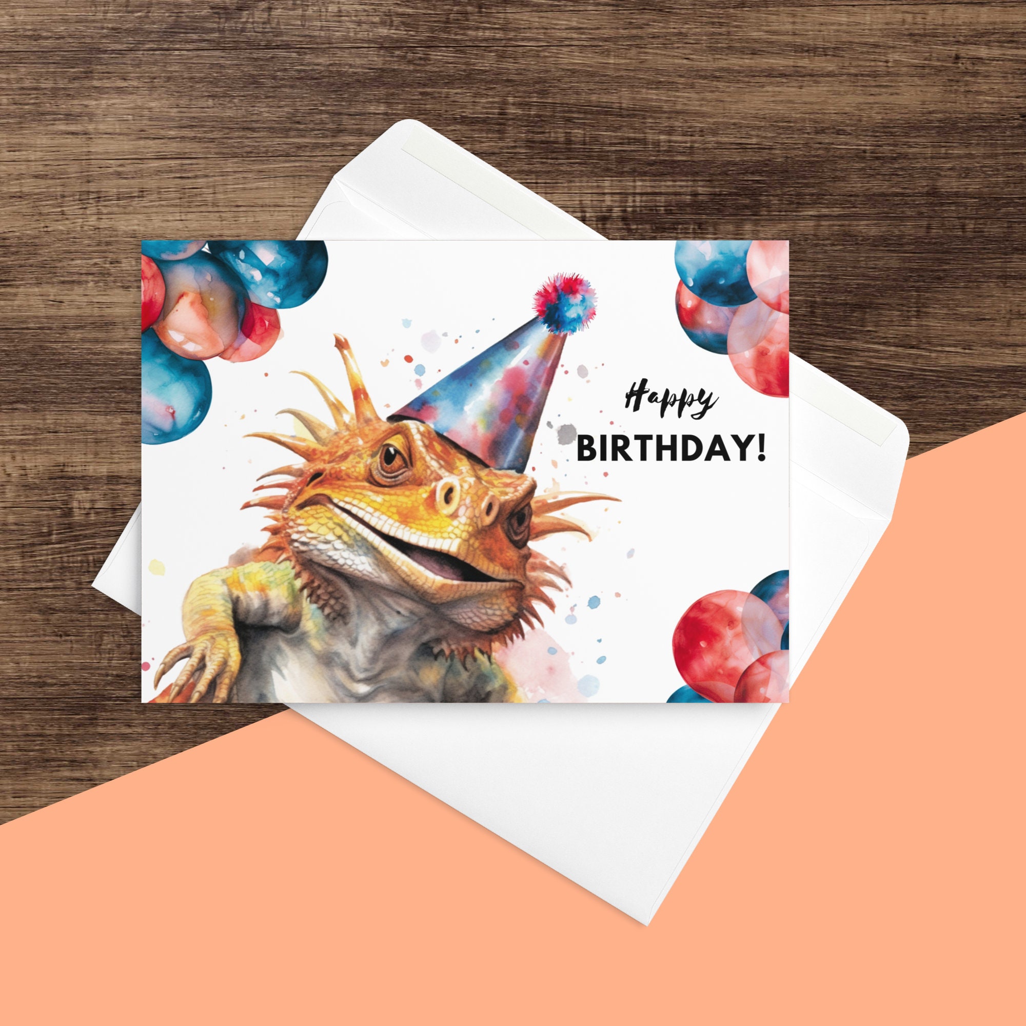 Bearded Dragon Birthday Card, Birthday Party Hat and Balloons, Bearded ...