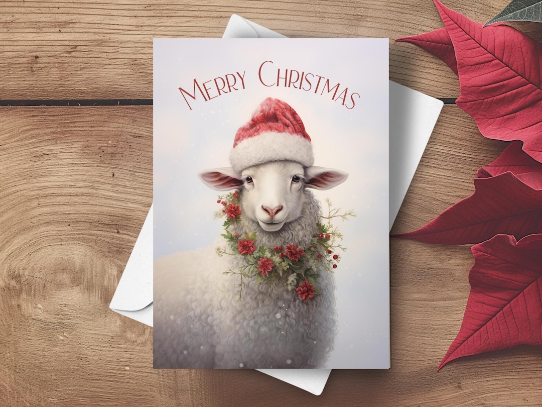 Sheep Christmas Card, Santa Hat and Red Poinsettia Garland, Snowy ...