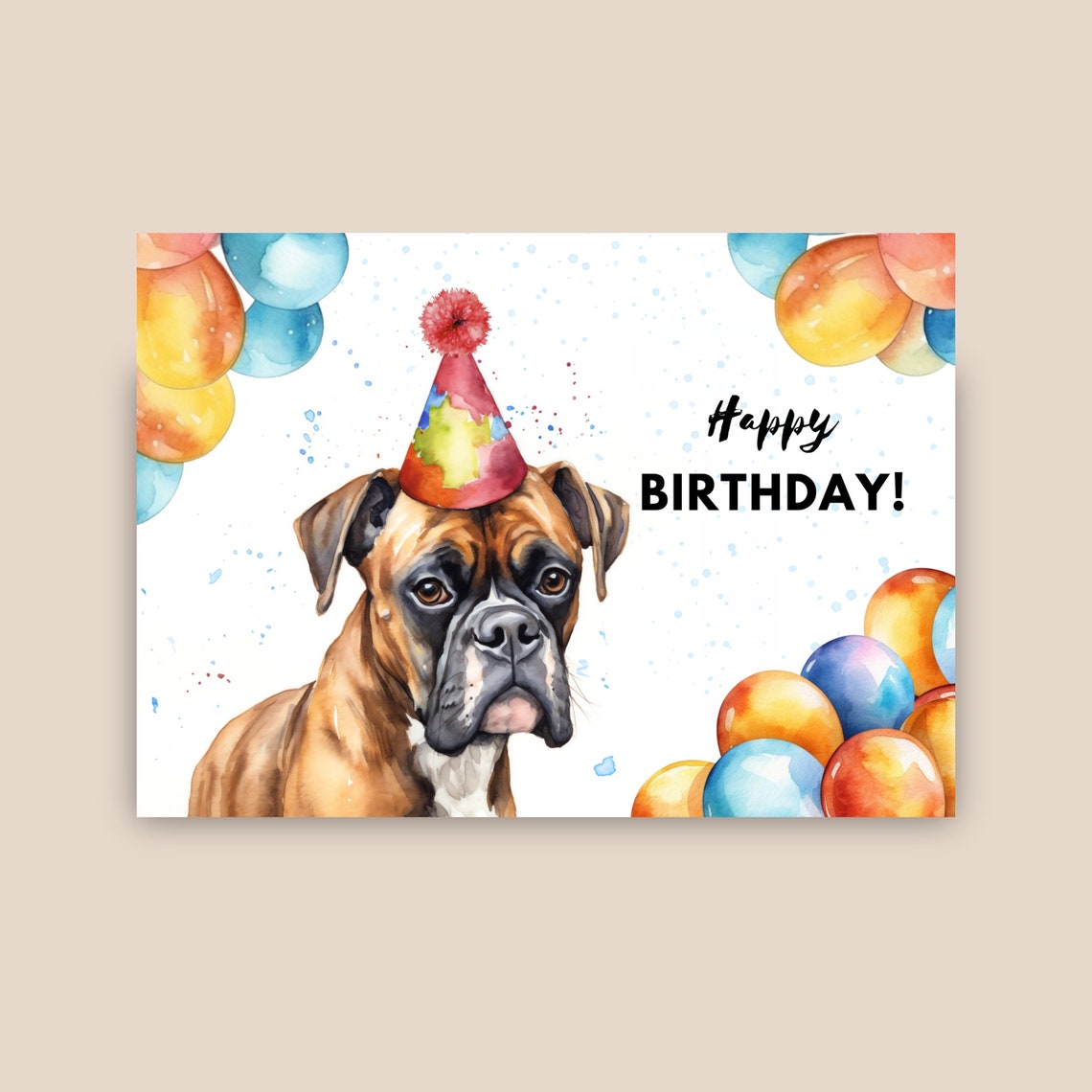 Boxer Birthday Card, Happy Birthday Party Hat and Balloons, Boxer Dog ...