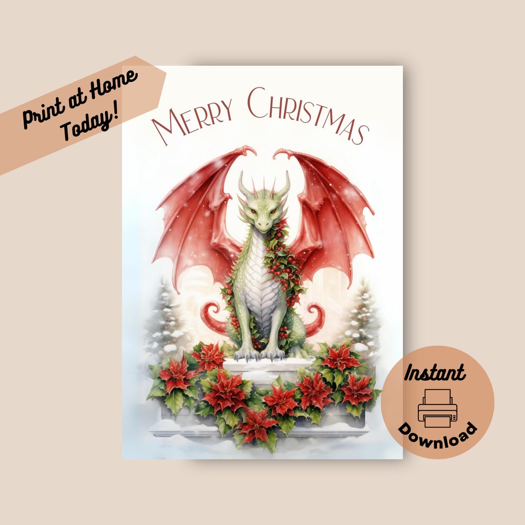 Printable Dragon Christmas Card, Instant Digital Download Print at Home ...