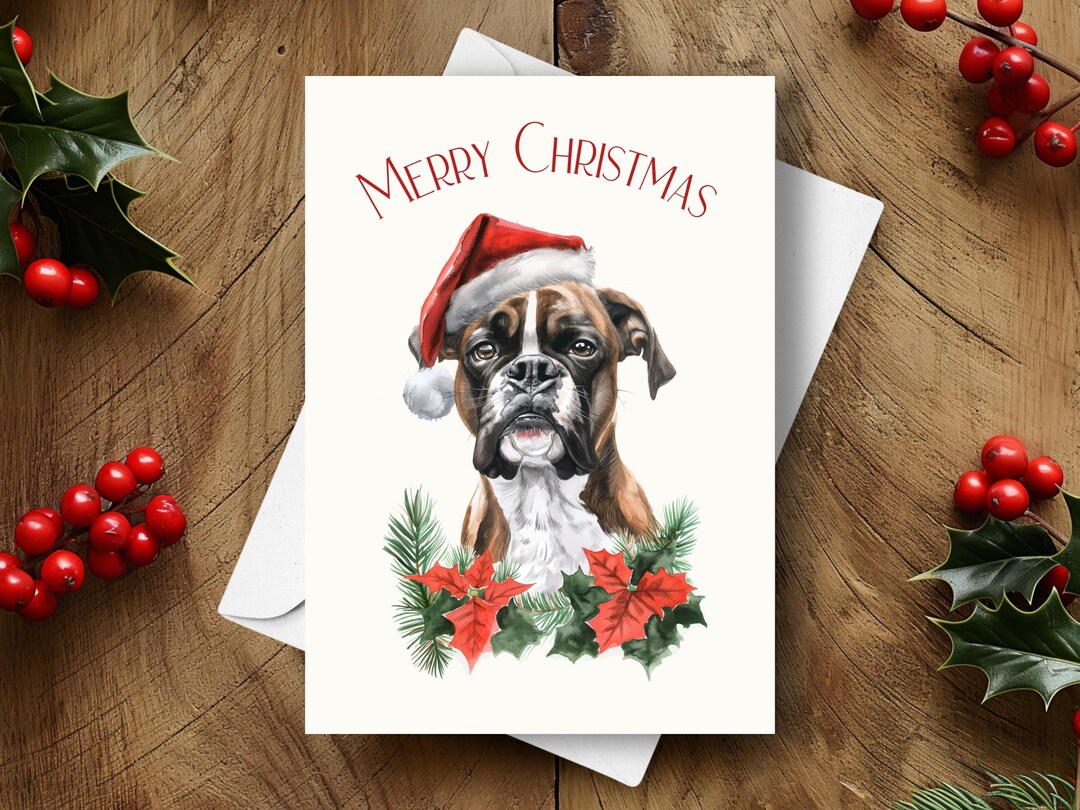 Boxer Dog Christmas Card, Wearing A Santa Hat and Red Poinsettia ...