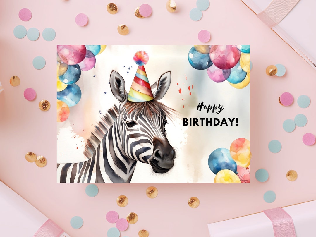 Zebra Birthday Card With Party Hat, Happy Birthday, Zebra Gift, Zoo ...
