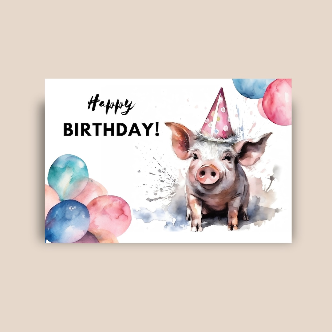 Cute Pig Birthday Card With Party Hat Happy Birthday Pig - Etsy
