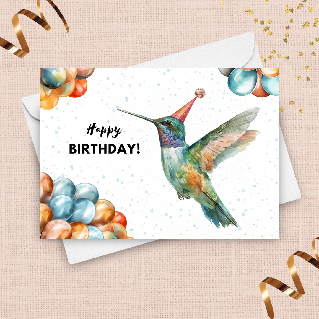Hummingbird Birthday Card, Happy Birthday Party Hat and Balloons ...