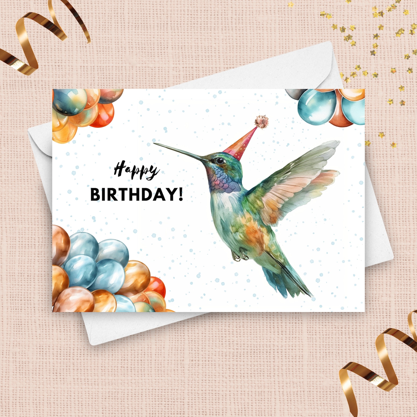 Hummingbird Birthday Card, Happy Birthday Party Hat and Balloons ...