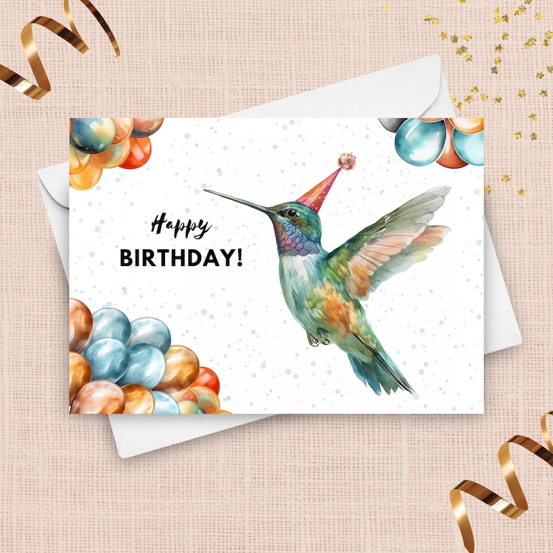 Hummingbird Birthday Card, Happy Birthday Party Hat and Balloons ...