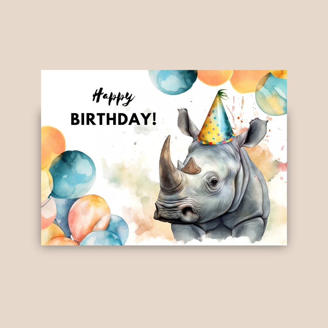 Rhino Birthday Card With Party Hat Happy Birthday Rhinoceros - Etsy