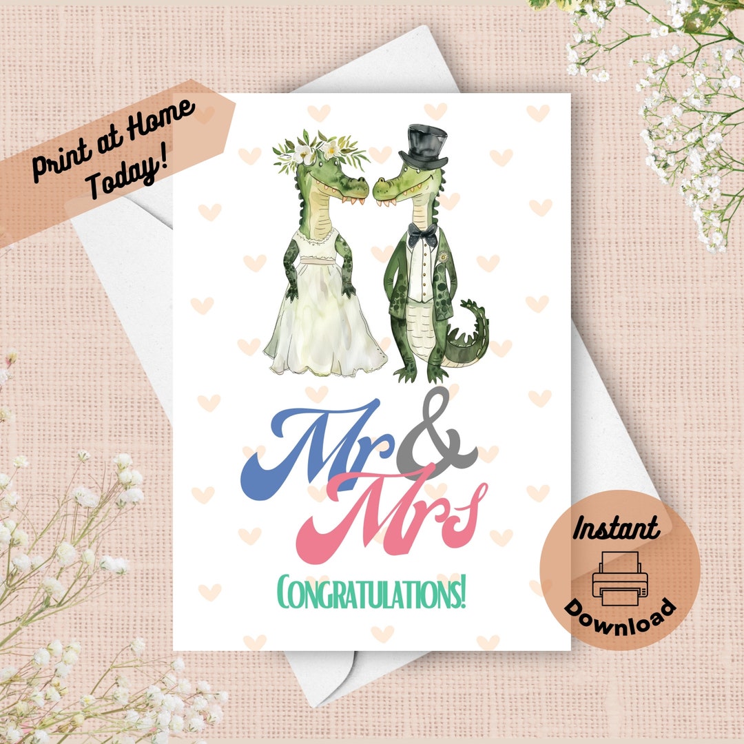 Printable Alligator Bride and Groom Wedding Card, Instant Download ...