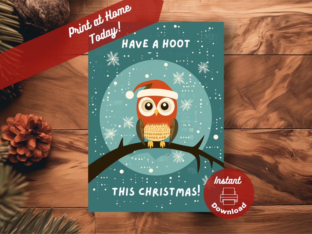 Printable Owl Christmas Card, Instant Digital Download Print at Home ...