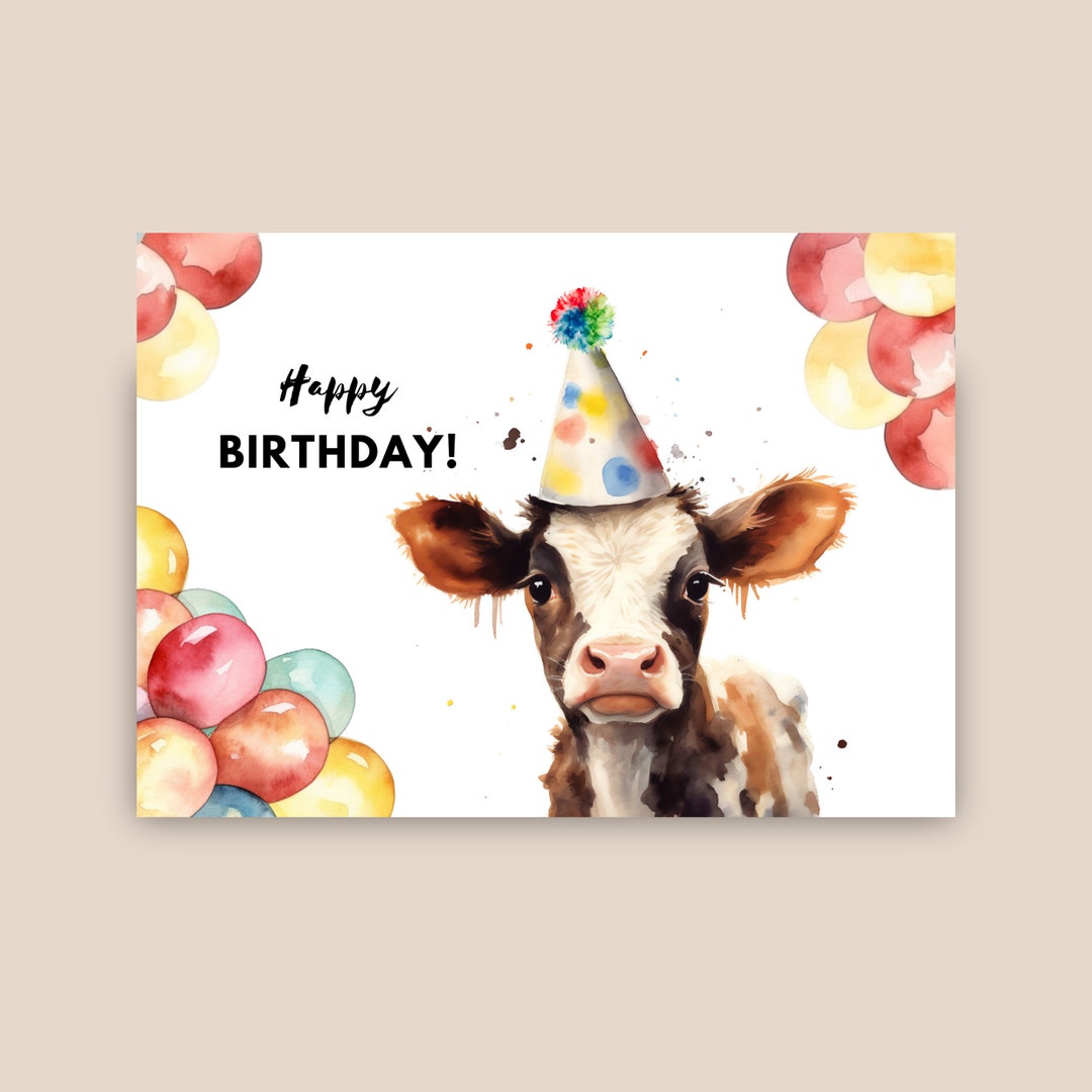 Baby Cow Birthday Card Adorable Calf in Party Hat With Balloons ...