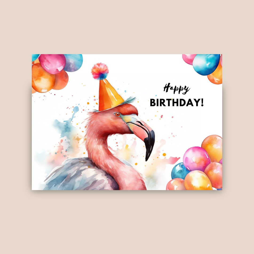 Flamingo Birthday Card, Happy Birthday Party Hat, Tropical Bird Gift ...