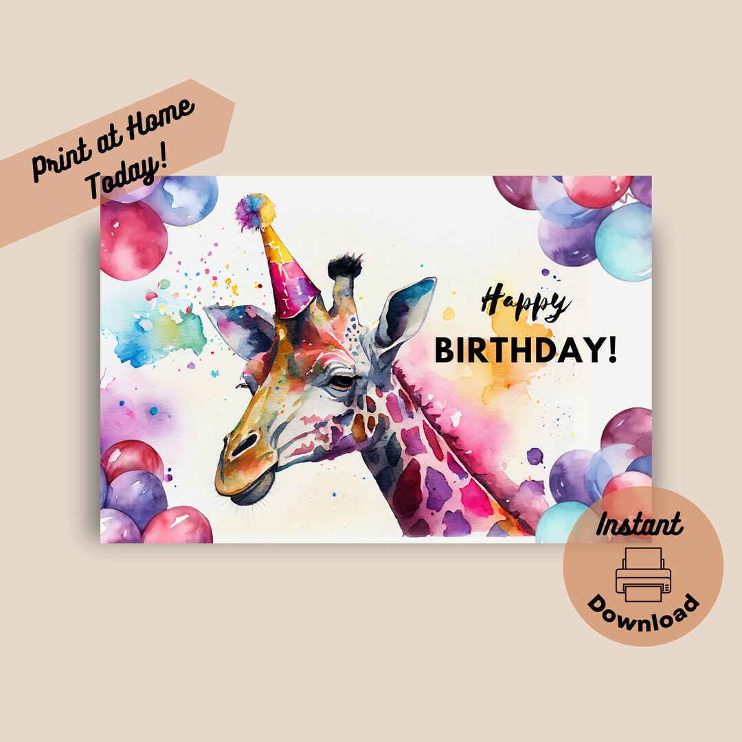 Printable Giraffe Birthday Card, Instant Digital Download Print at Home ...