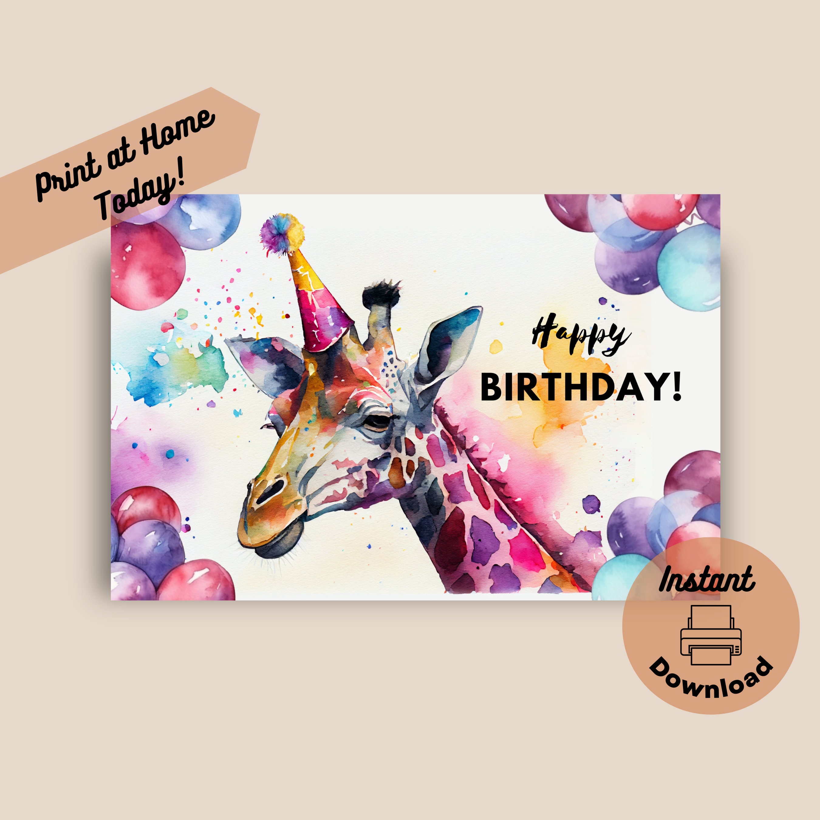 Printable Giraffe Birthday Card, Instant Digital Download Print at Home ...