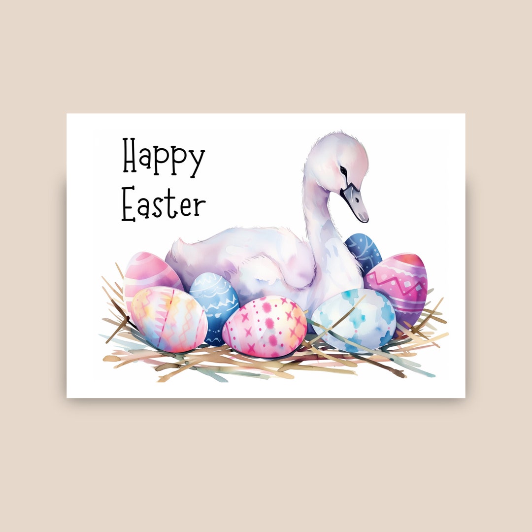 Baby Swan Easter Card, Gosling With Pastel Easter Eggs Greeting, Cute ...