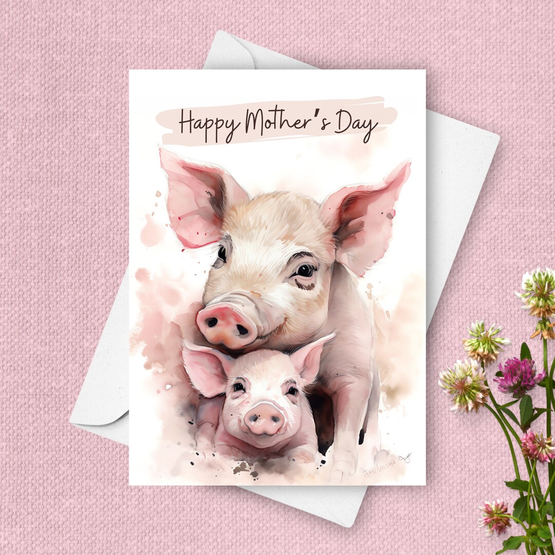 Mother Pig Mother’s Day Card, Pig With Cute Baby Piglet Card for Her ...