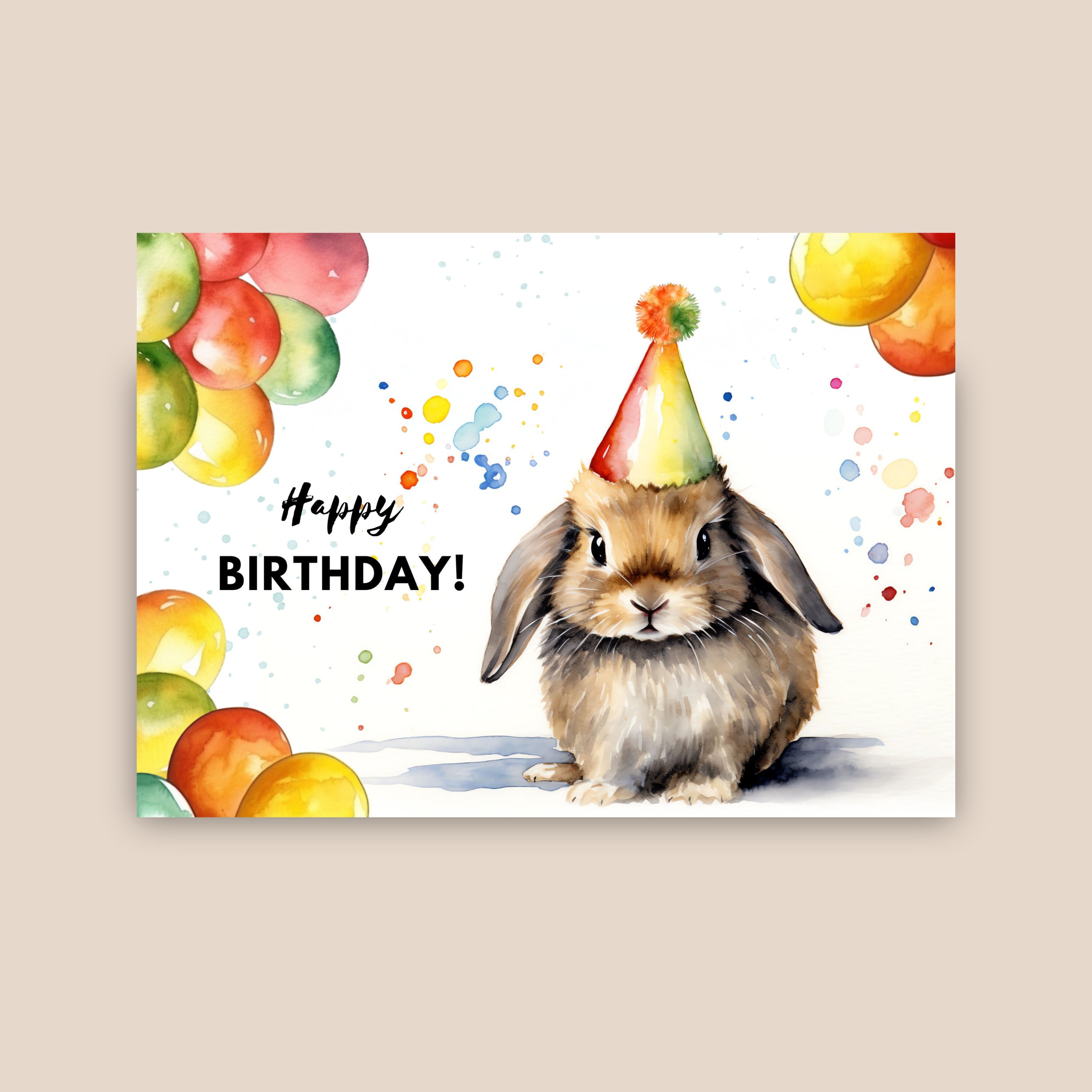 Rabbit Birthday Card Happy Birthday Party Hat and Balloons - Etsy