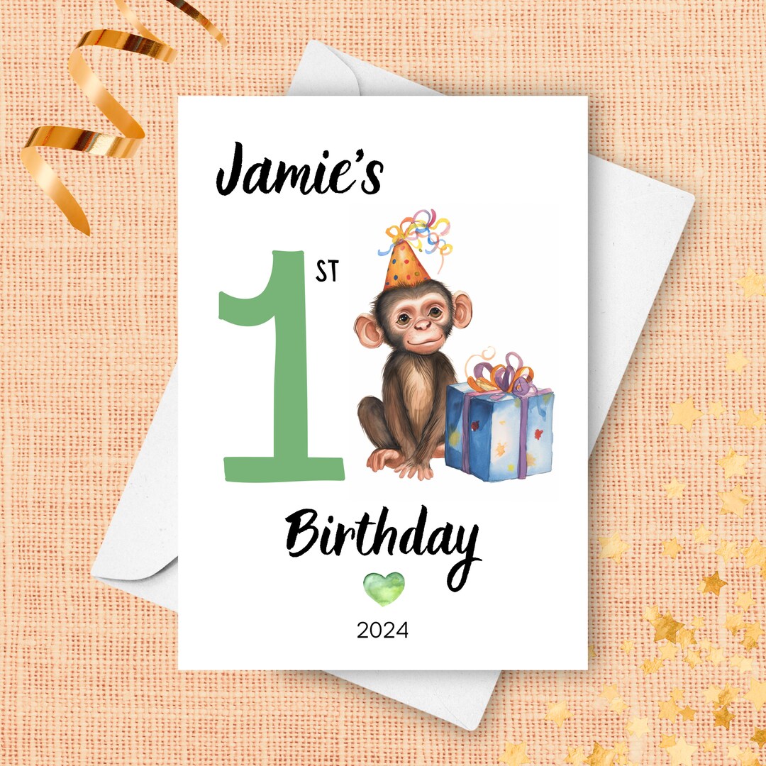 Monkey First Birthday Card, One Year Old Present, Cute Primate ...