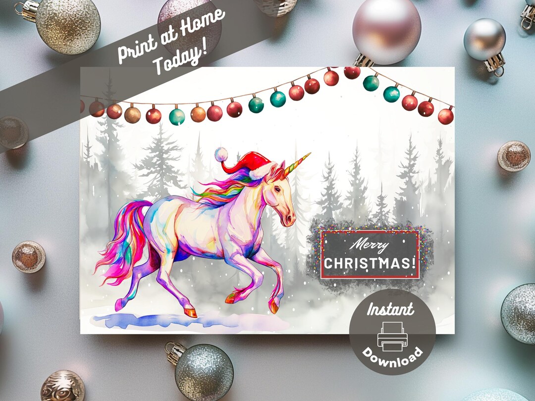 Printable Unicorn Christmas Card, Instant Digital Download Print at ...