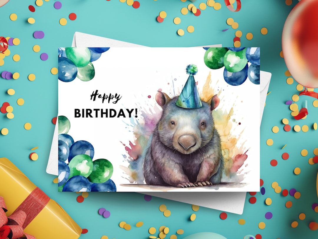 Wombat Birthday Card With Party Hat, Happy Birthday, Colorful Wombat ...