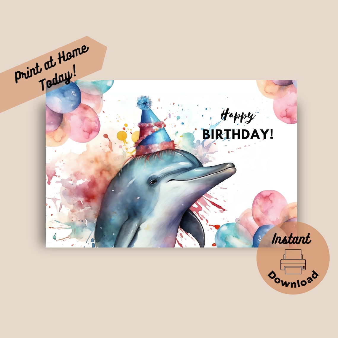 Printable Dolphin Birthday Card Instant Digital Download - Etsy
