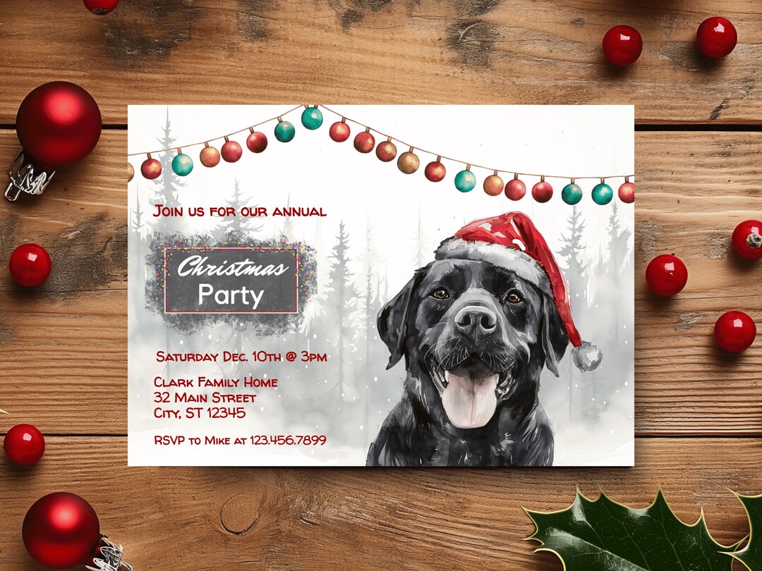 Black Lab Christmas Party Invitation, Digital Editable Template, Print ...