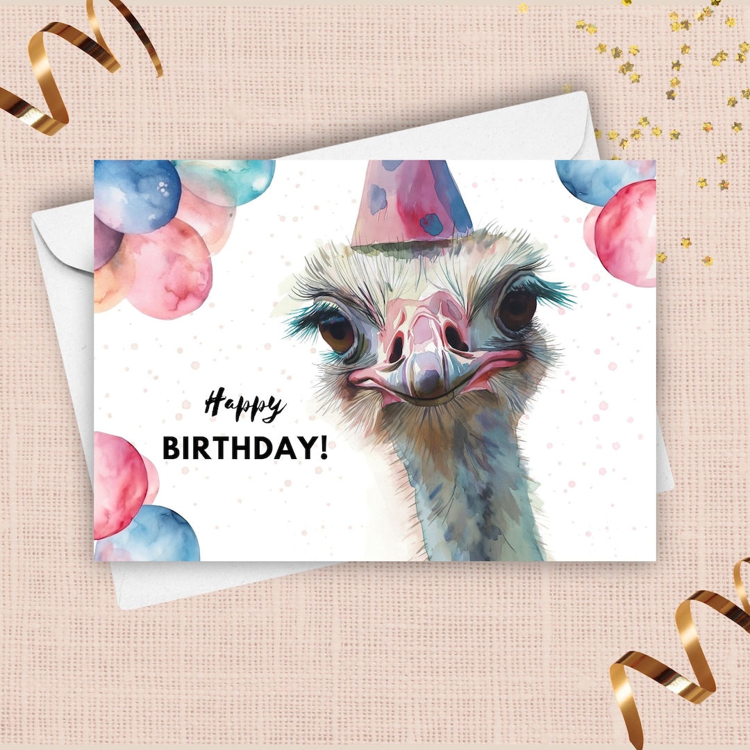 Ostrich Birthday Card, Happy Birthday Party Hat Greeting, Funny Bird ...