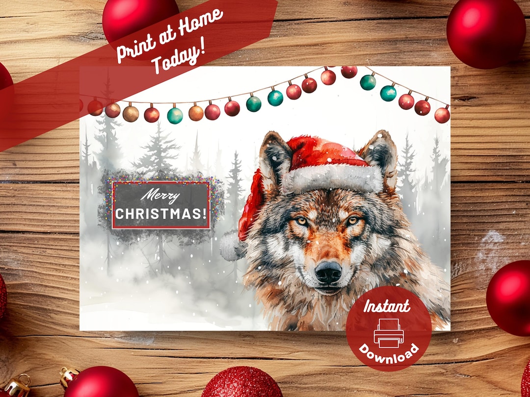 Printable Wolf Christmas Card, Instant Digital Download Print at Home ...