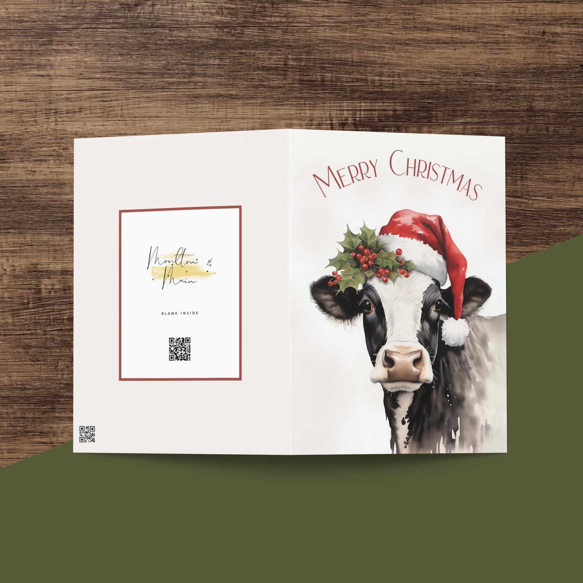 Cow Christmas Card, Dairy Cow Holiday Card, Red Poinsettia Wreath, Red ...