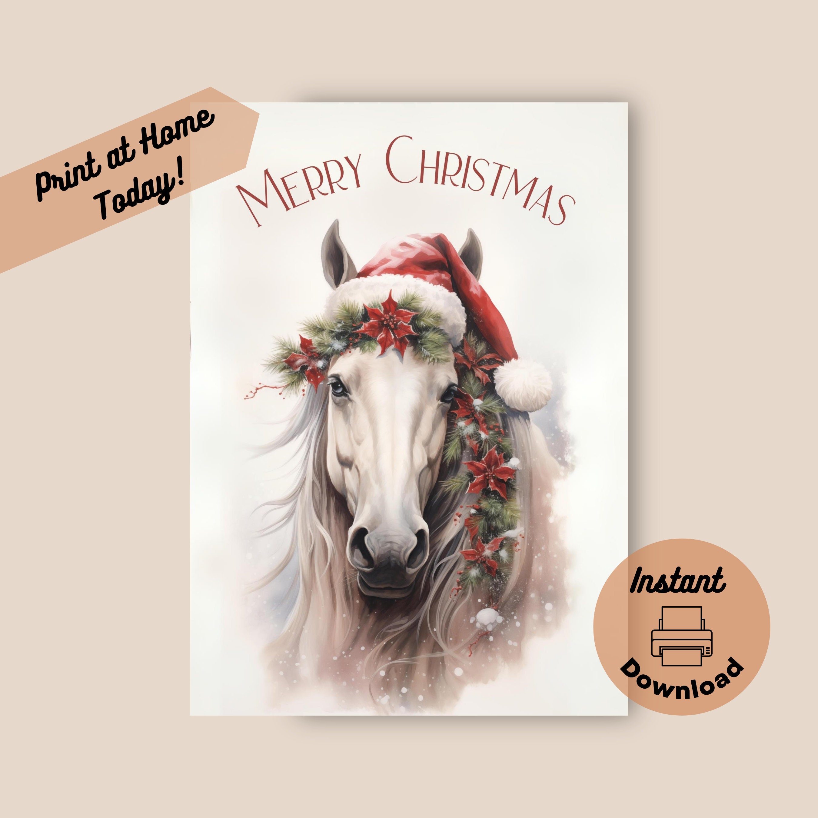 Printable White Horse Christmas Card, Instant Digital Download Print at ...
