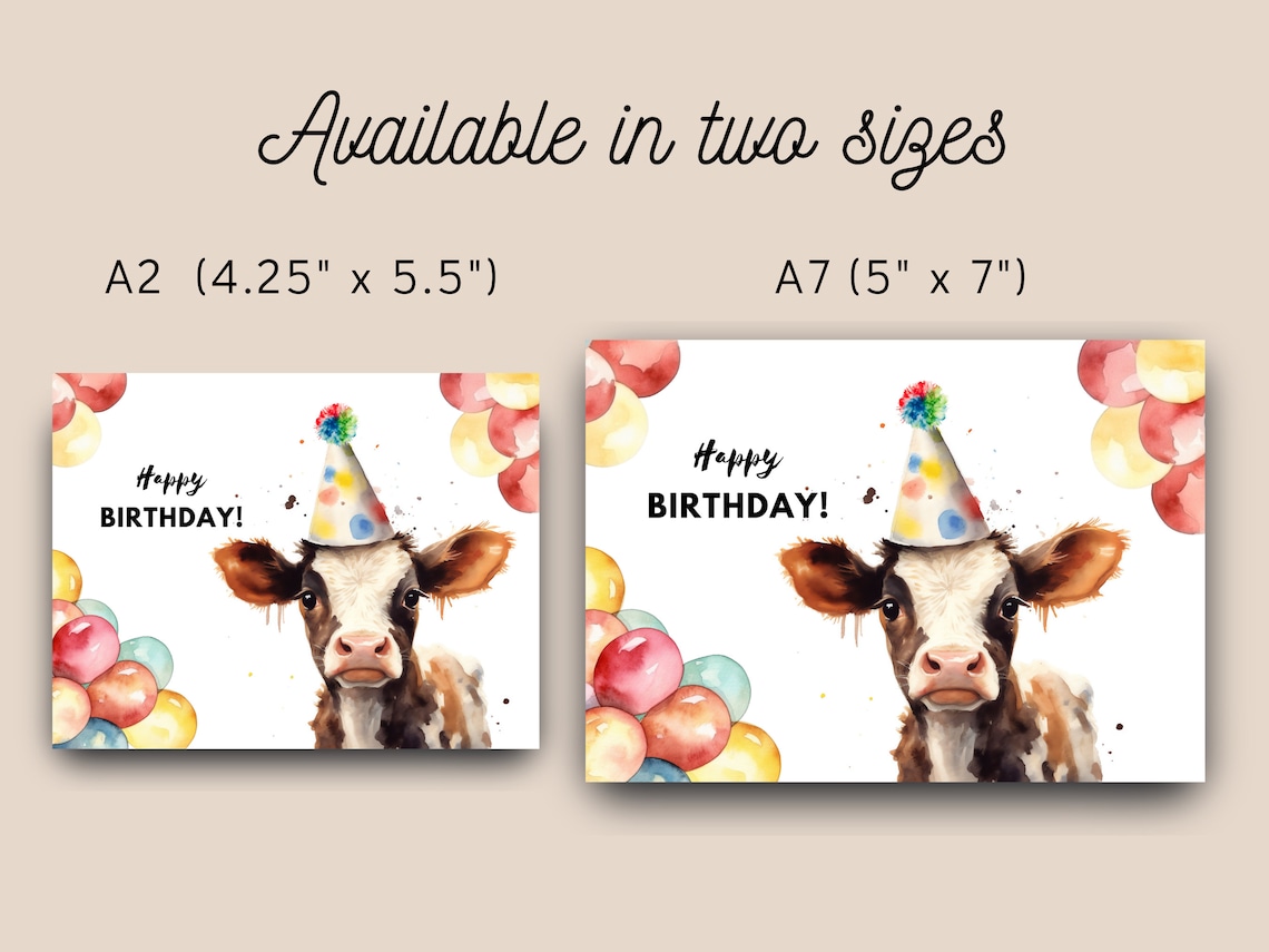 Baby Cow Birthday Card Adorable Calf in Party Hat With Balloons ...