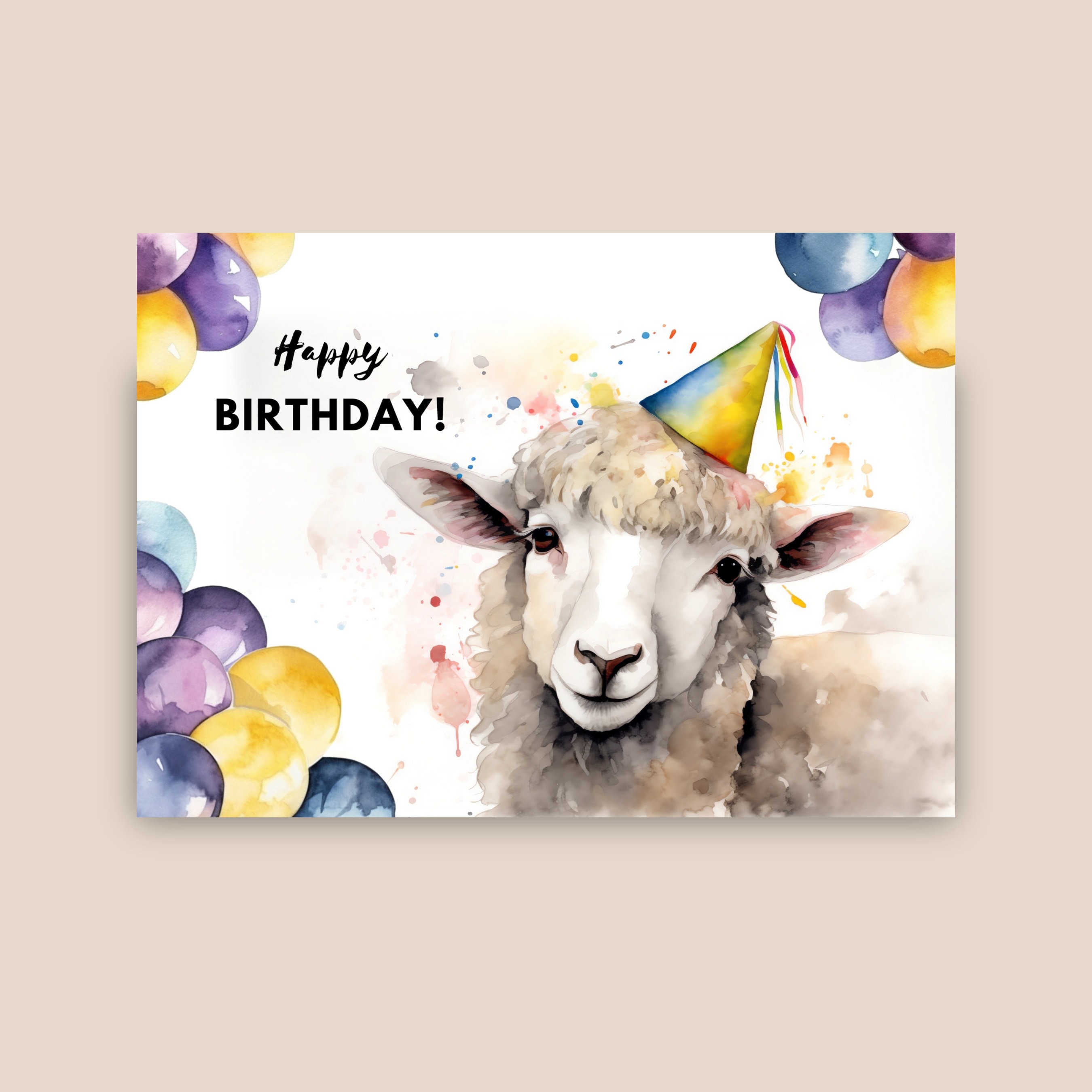 Sheep Birthday Card Wearing Party Hat and Balloons Farm - Etsy