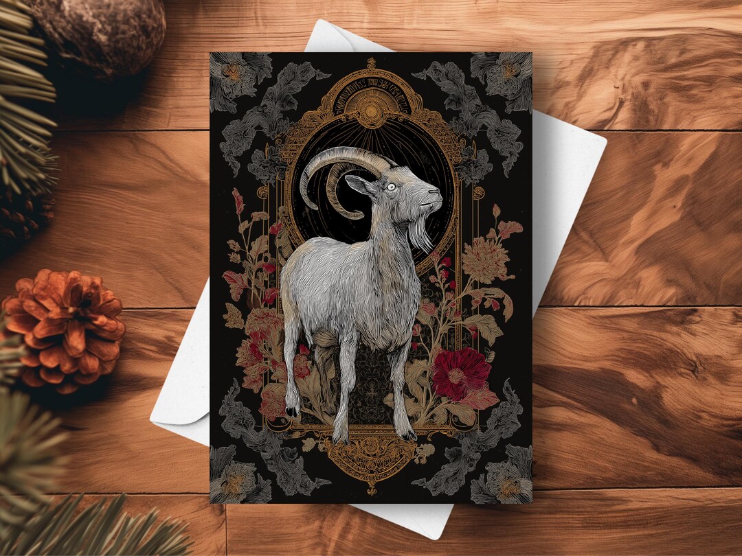 Goat Holiday Card, Gothic Witchy Capricorn Yule Greeting, Ornate Pagan ...